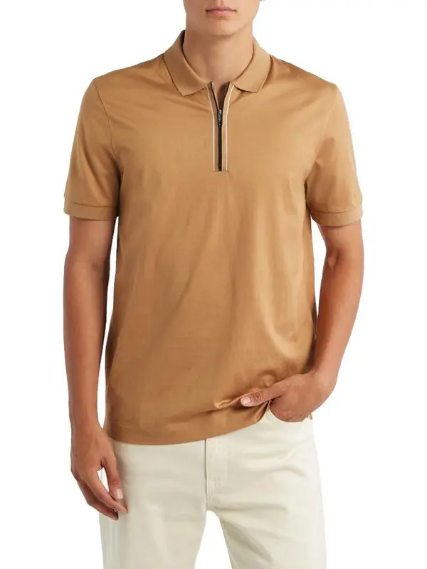 BOSS Paras Quarter Zip Cotton Polo - Medium Beige