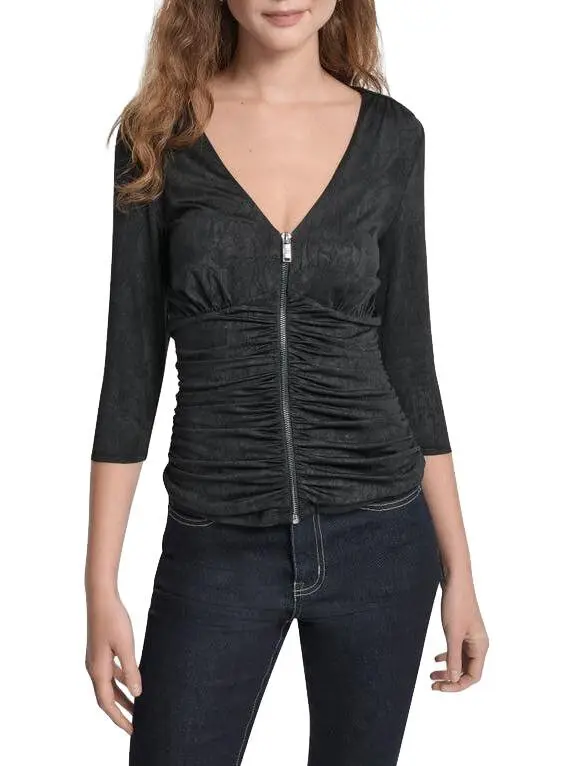 Dkny Ruched Knit Zip-up Top - Black