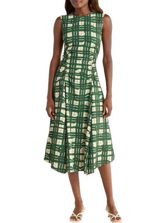 Stine Goya Ruched Sleeveless Midi Dress - Checkered Wave