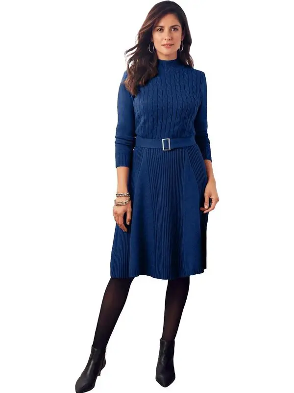 JESSICA LONDON Belted Cable Knit Sweater Dress - Evening Blue
