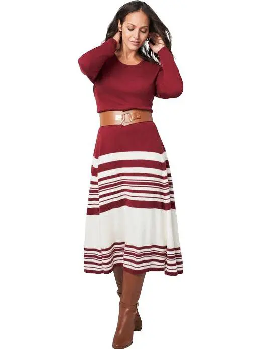 JESSICA LONDON Fit And Flare Knit Sweater Dress - Rich Burgundy Ivory