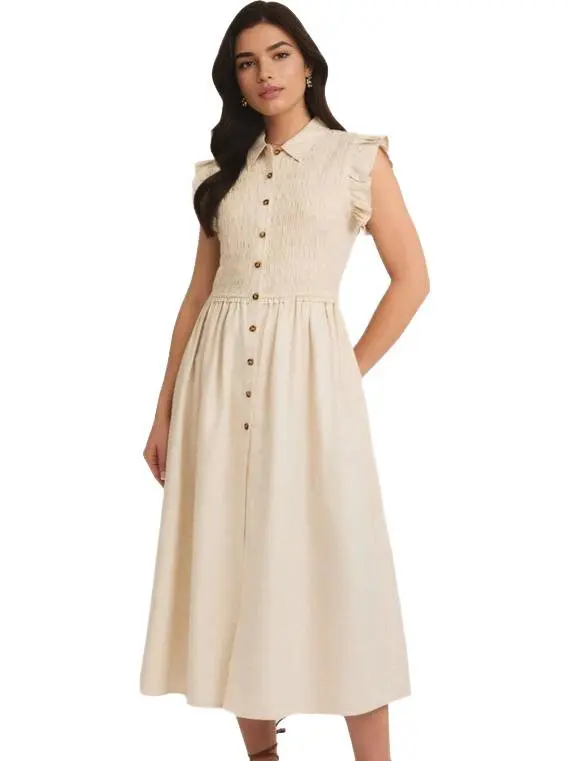 KNIT & LOUNGE Button-front Midi Shirt Dress With Smocked Bodice And Ruffle Sleeves - Light Beige