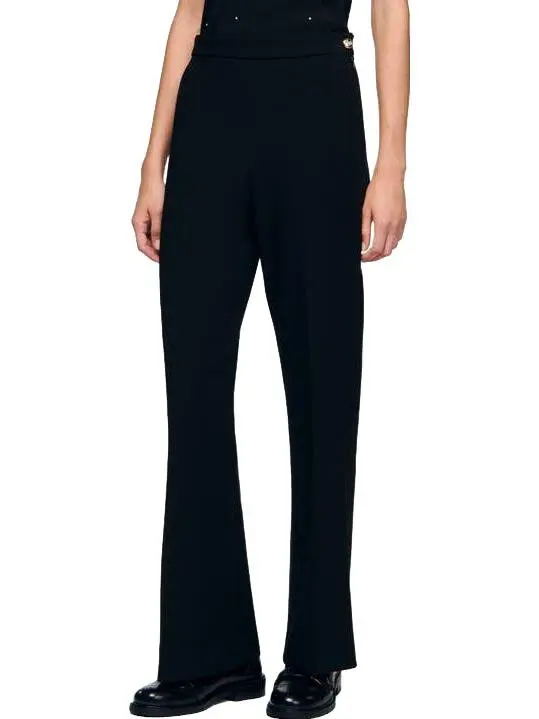 Sandro Straight Leg Trousers With Decorative Button Belt - Black