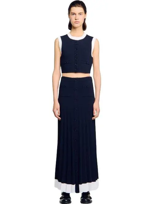 Sandro Long Pleated Knit Skirt - Navy Blue