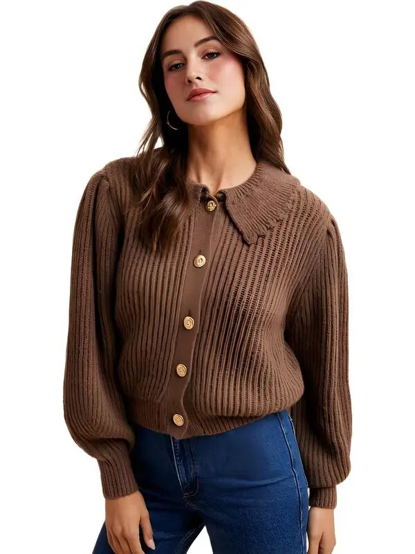 KNIT & LOUNGE Ribbed Button-up Cardigan With Collar - Chocolate Brown