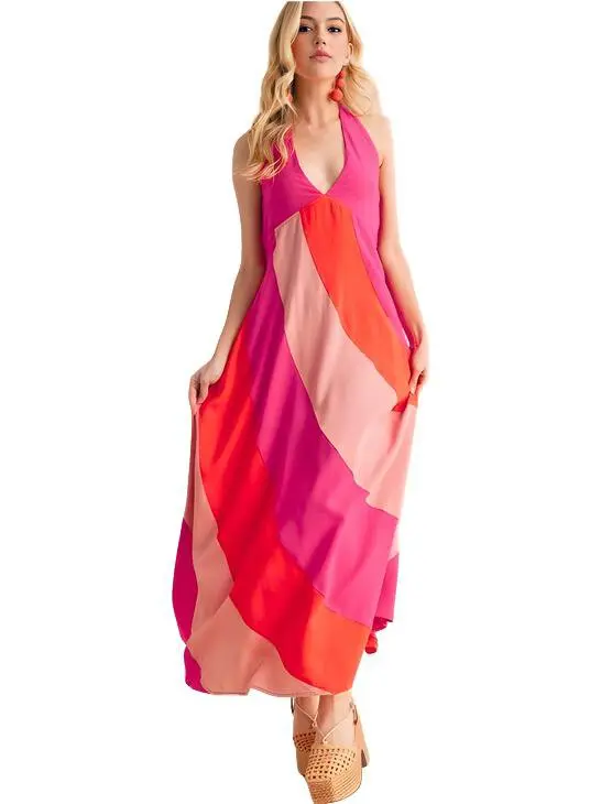 KNIT & LOUNGE Colorblock Halter Neck Maxi Dress - Pink/red/coral