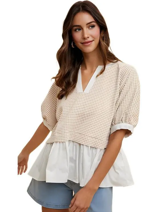 KNIT & LOUNGE Grid Blouse With Ruffle Hem - Beige