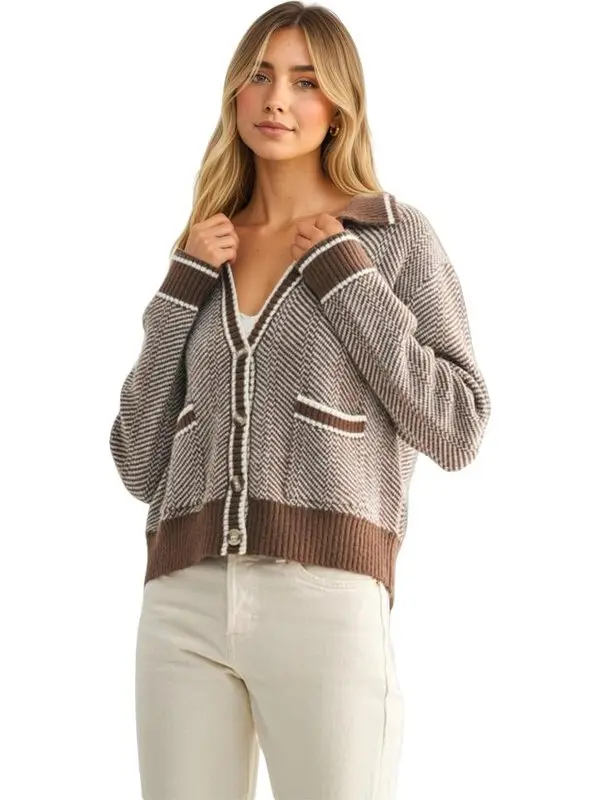 KNIT & LOUNGE Contrast Trim Cropped Button-front Cardigan - Brown/beige