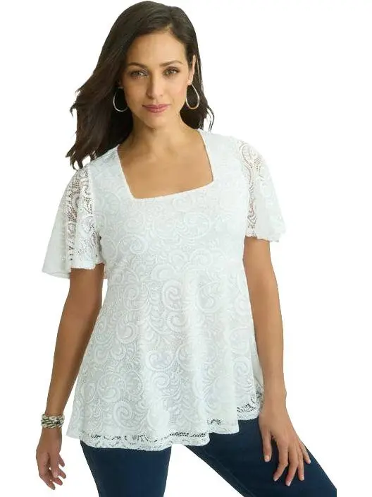 JESSICA LONDON Square Neck Lace Peplum Tunic - White
