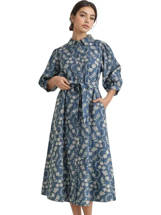 KNIT & LOUNGE Collared Button-front Tie-waist Midi Dress - Blue Floral