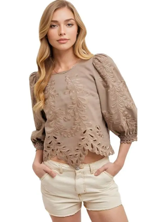 KNIT & LOUNGE Embroidered Puff Sleeve Blouse With Scalloped Hem - Taupe