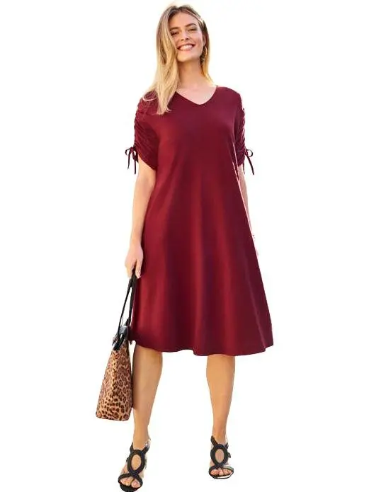 JESSICA LONDON Tie Sleeve V-neck Midi Dress - Rich Burgundy