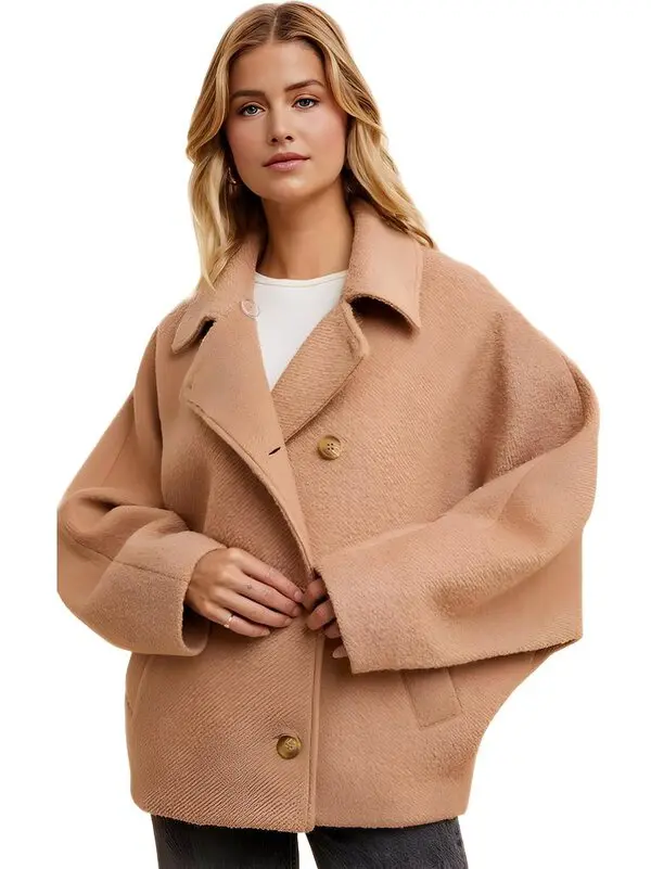 KNIT & LOUNGE Cropped Wool-blend Coat With Oversized Lapels - Camel