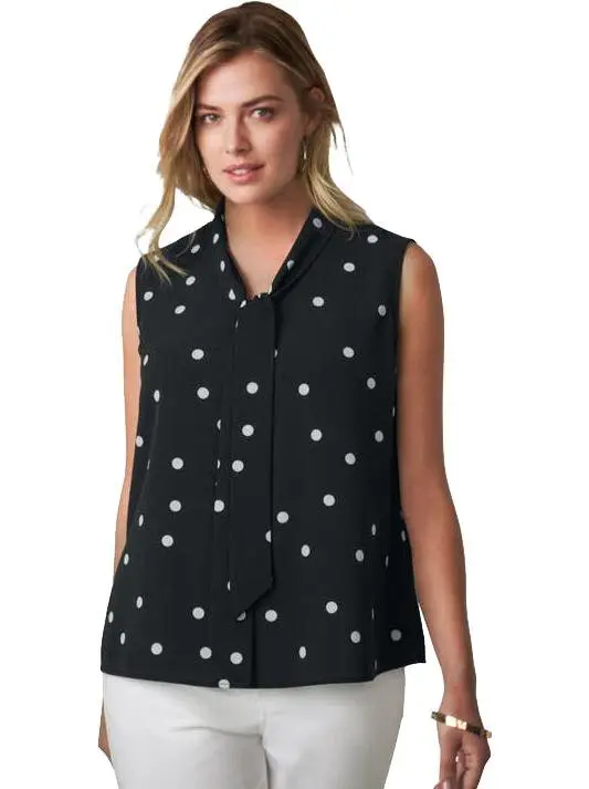 JESSICA LONDON Uptown Sleeveless Tie-neck Blouse - Black White Tossed Dot