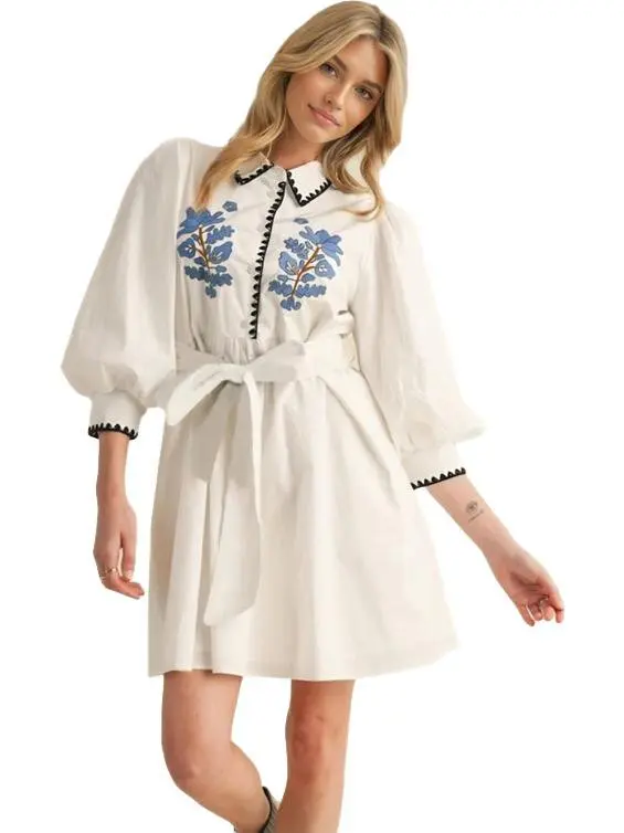 KNIT & LOUNGE Embroidered Belted Shirt Dress - White/black Trim