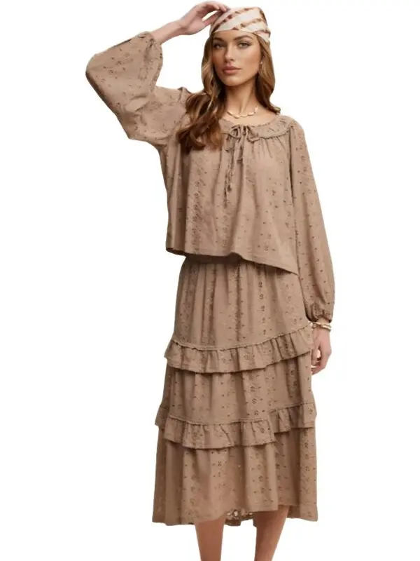 KNIT & LOUNGE Eyelet Tiered Skirt And Top Set - Taupe