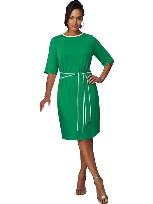 JESSICA LONDON Tie Waist Boatneck Dress - Kelly Green White
