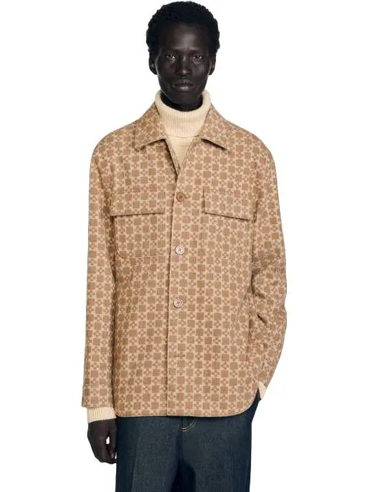 Sandro Square Cross Jacquard Overshirt - Camel