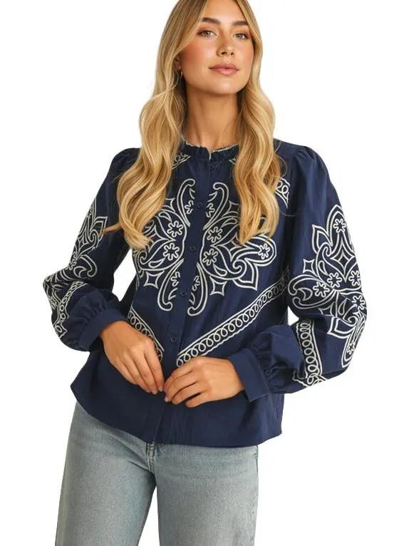 KNIT & LOUNGE Embroidered Puff-sleeve Blouse - Navy Embroidered