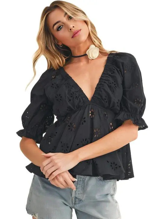 KNIT & LOUNGE Eyelet Peplum Top With Deep V-neckline - Black