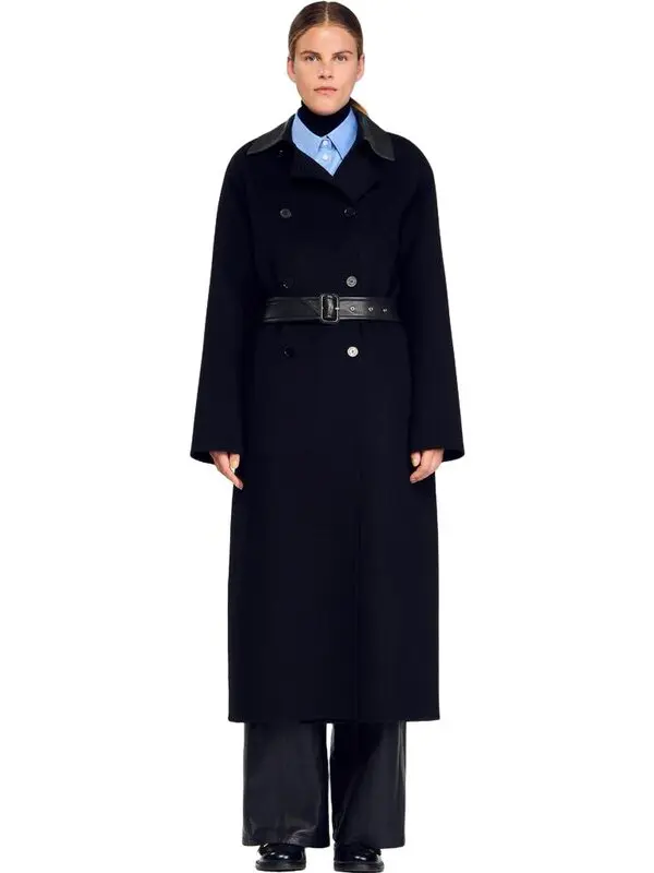 Sandro Long Wool And Leather Trench Coat - Black