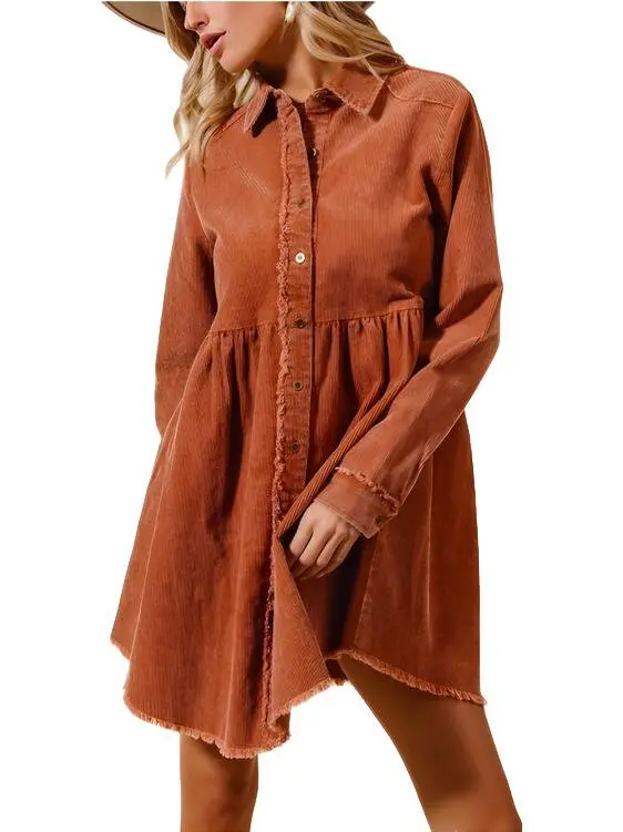 KNIT & LOUNGE Corduroy Shirt Dress With Frayed Trim - Rust