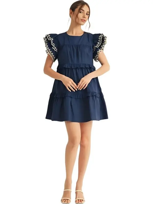 KNIT & LOUNGE Embroidered Ruffle Sleeve Mini Dress - Navy