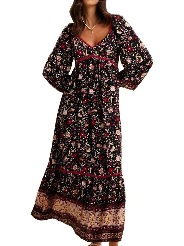 KNIT & LOUNGE Boho Tiered Print Long Sleeve Midi Dress With Lace Trim - Black Floral