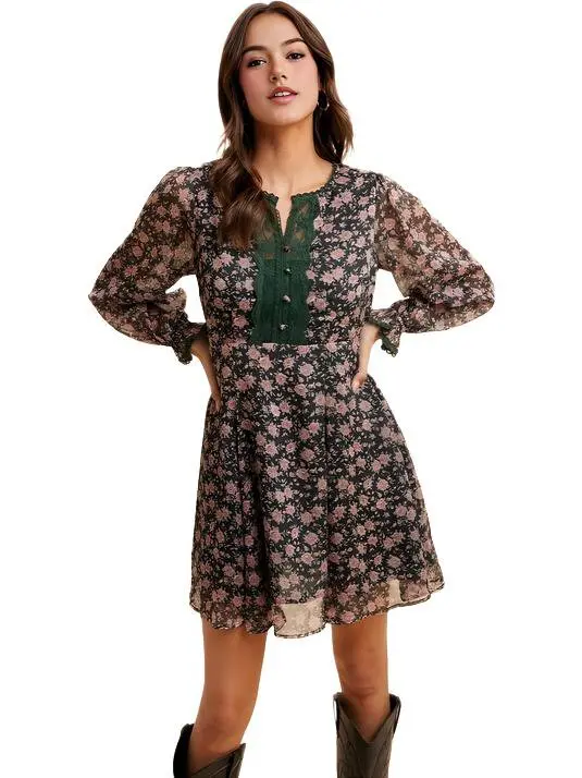 KNIT & LOUNGE Floral Chiffon Mini Dress With Lace Trim - Black Floral