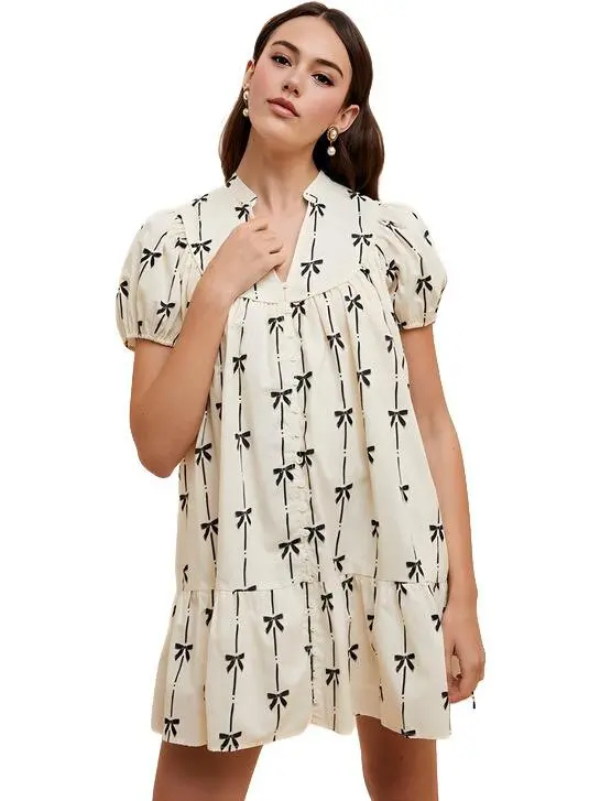 KNIT & LOUNGE Bow Print Mini Dress - Cream/black Print