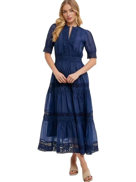 KNIT & LOUNGE Lace Pintuck Tiered Midi Dress - Navy