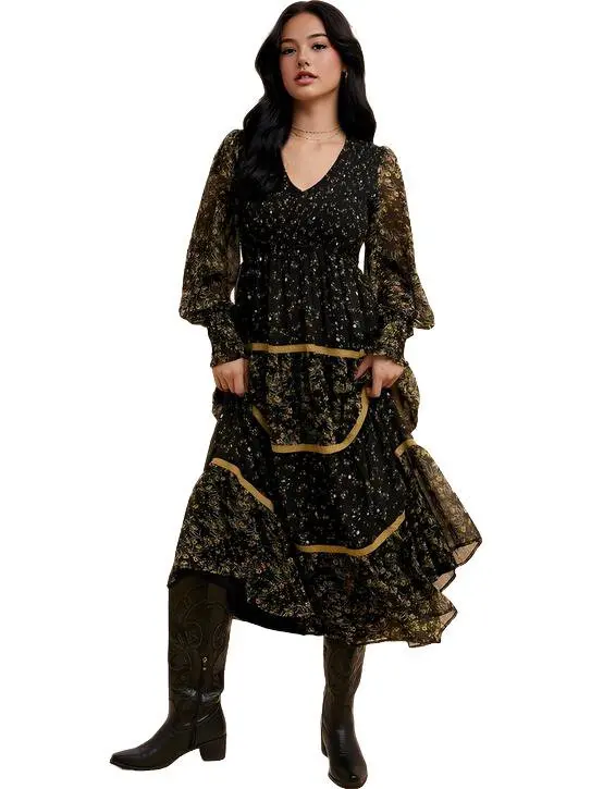 KNIT & LOUNGE Floral Tiered Long Sleeve Midi Dress With Trim - Black/gold
