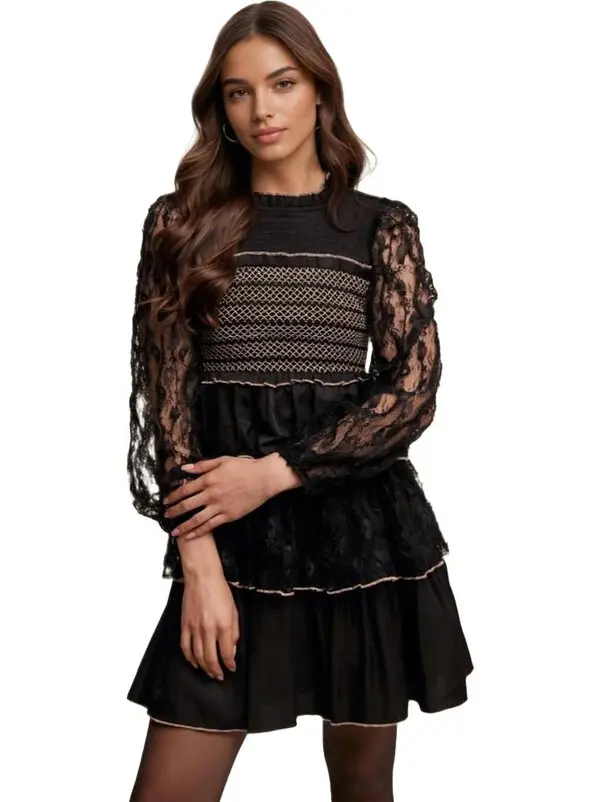 KNIT & LOUNGE Lace Tiered Smocked Mini Dress - Black