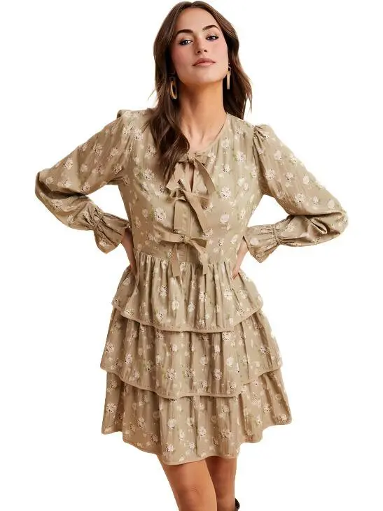 KNIT & LOUNGE Floral Tiered Mini Dress With Bow - Taupe Floral