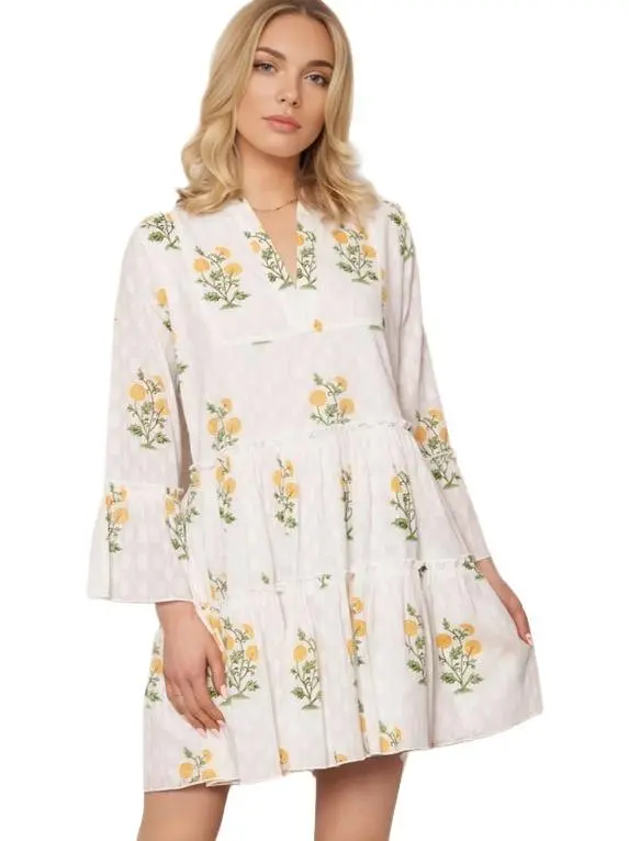 KNIT & LOUNGE Floral Embroidered Tiered Mini Dress - White/yellow Floral