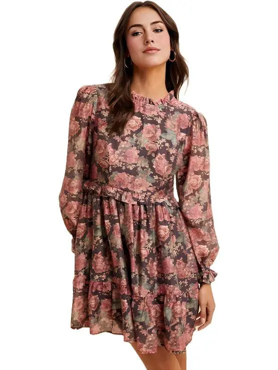 KNIT & LOUNGE Floral Ruffle Mini Dress - Dark Floral