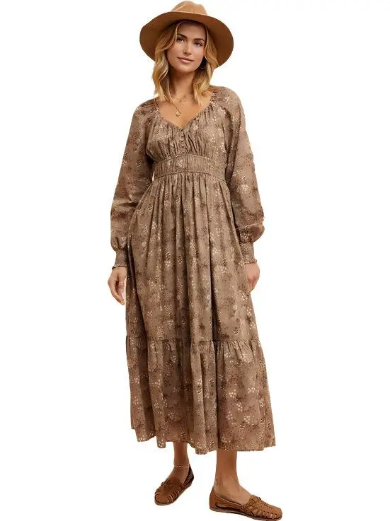 KNIT & LOUNGE Floral Print Ruffle Tiered Midi Dress - Brown Floral Print