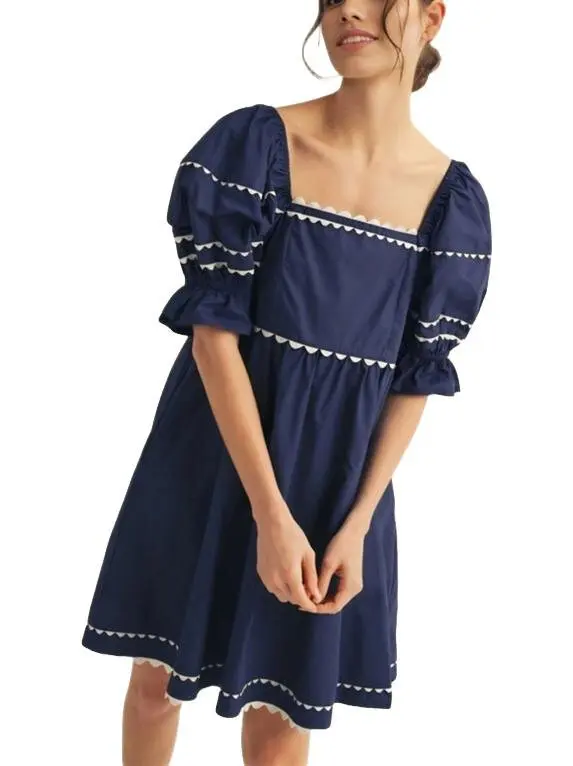 KNIT & LOUNGE Puff-sleeve Contrast Trim Mini Dress - Navy