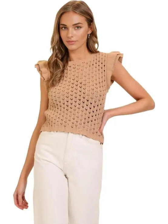 KNIT & LOUNGE Ruffle Cap-sleeve Crochet Top - Camel