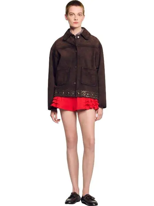 Sandro Studded Suede Jacket - Brown