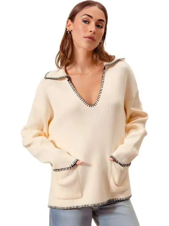 KNIT & LOUNGE Ribbed Long Sleeve Pullover With Contrast Trim - Off-white/black