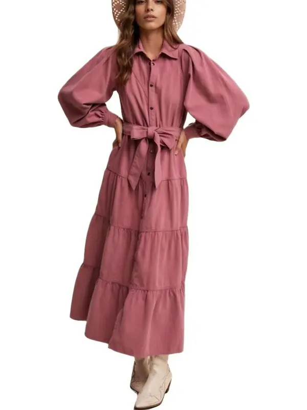 KNIT & LOUNGE Tiered Belted Maxi Shirt Dress - Rose