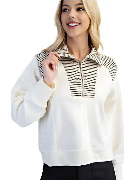KNIT & LOUNGE Striped Half-zip Pullover With Contrast Collar Trim - Ivory