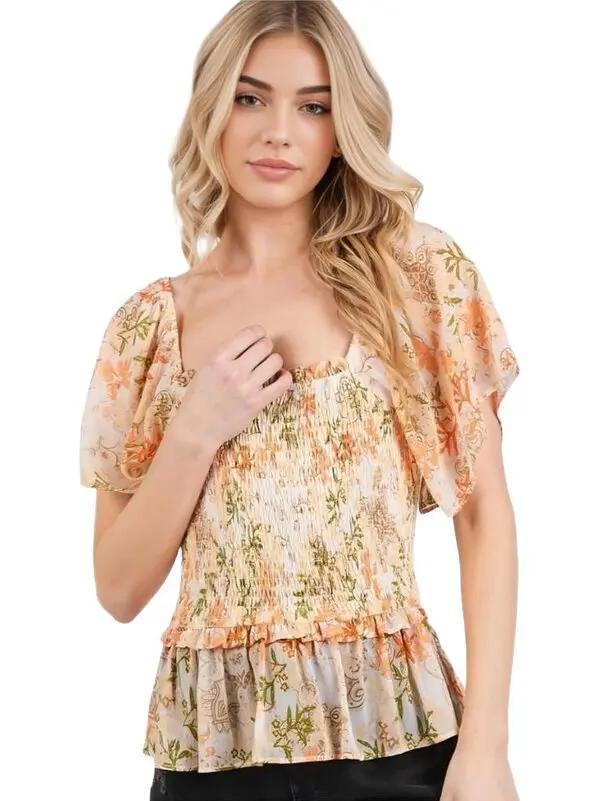 KNIT & LOUNGE Floral Print Smocked Peplum Top - Peach Floral