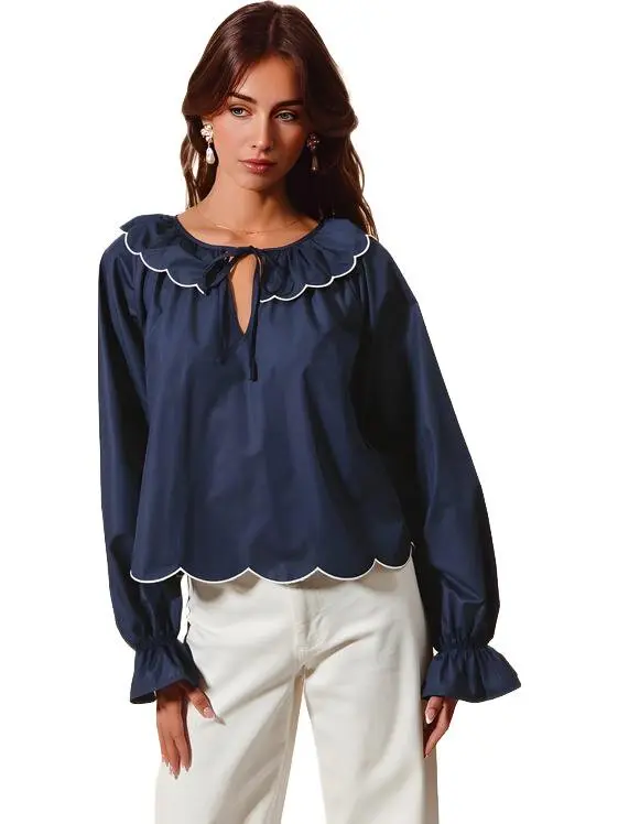 KNIT & LOUNGE Scallop Trim Blouse With Ruffled Collar And Tie Neck - Navy Blue/white