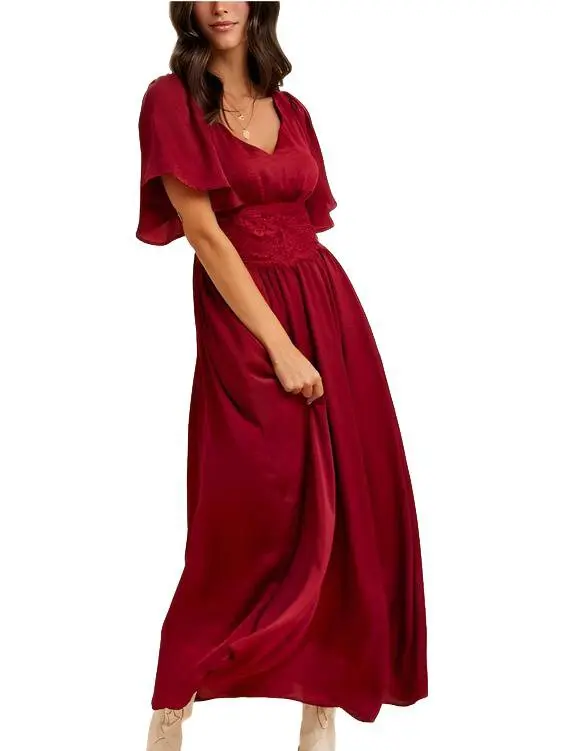 KNIT & LOUNGE Lace Waist Flutter Sleeve Maxi Dress - Burgundy