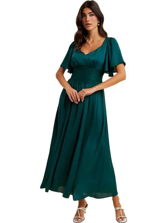 KNIT & LOUNGE Lace Waist Flutter Sleeve Maxi Dress - Emerald Green