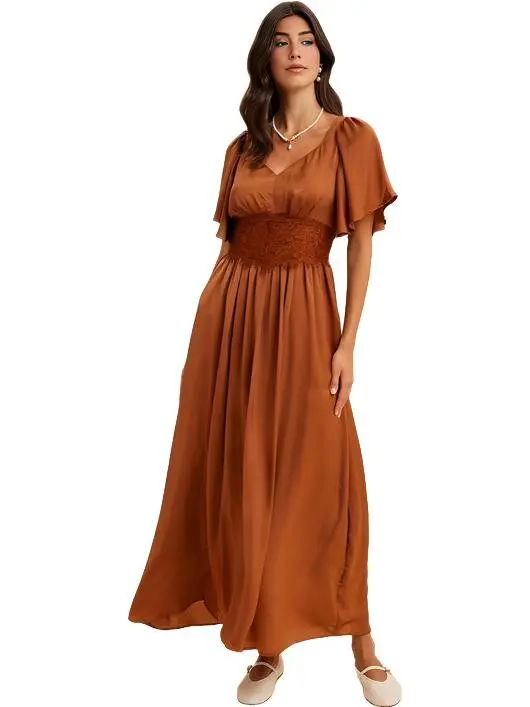 KNIT & LOUNGE Lace Waist Flutter Sleeve Maxi Dress - Rust