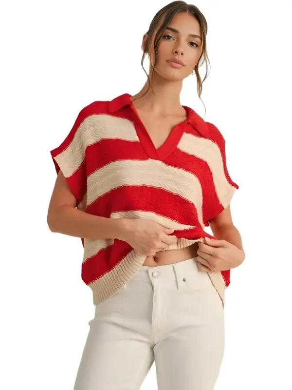 KNIT & LOUNGE Striped Knit Polo Top - Red/cream Striped