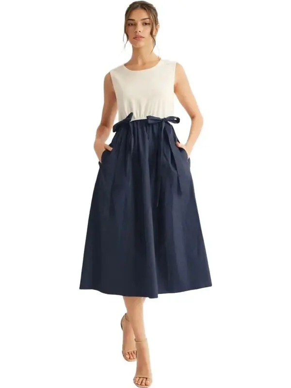 KNIT & LOUNGE Sleeveless Contrast Midi Dress With Bow Tie - White/navy